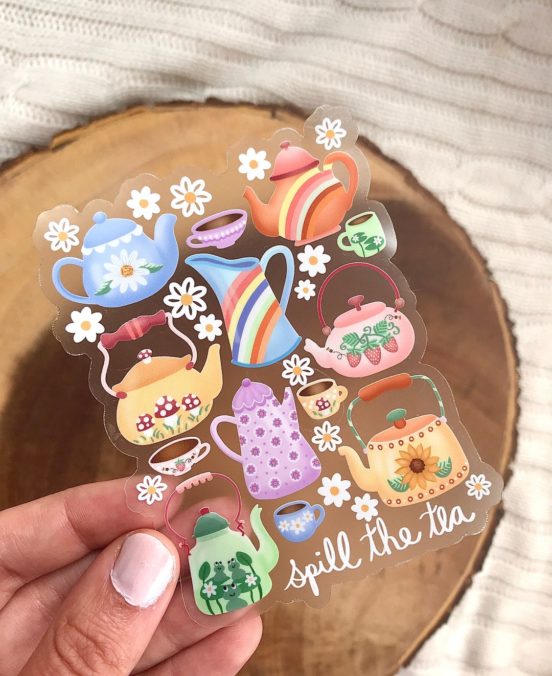 Cottagecore Colorful Teapot Sticker: "spill the Tea" Laminated Vinyl ...