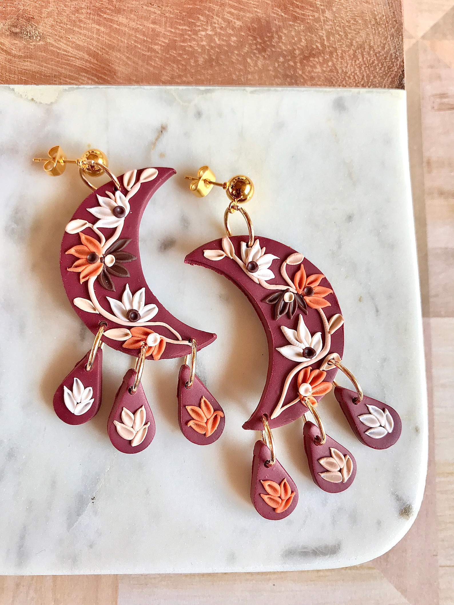 Floral Moon Earrings/ Maroon Moon Earrings/ Statement - Etsy