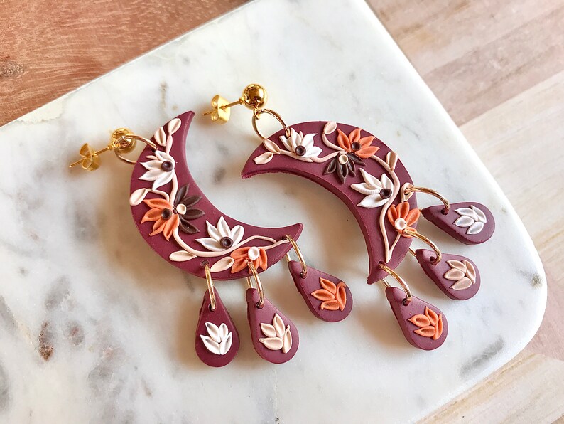 Floral Moon Earrings/ Maroon Moon Earrings/ Statement - Etsy