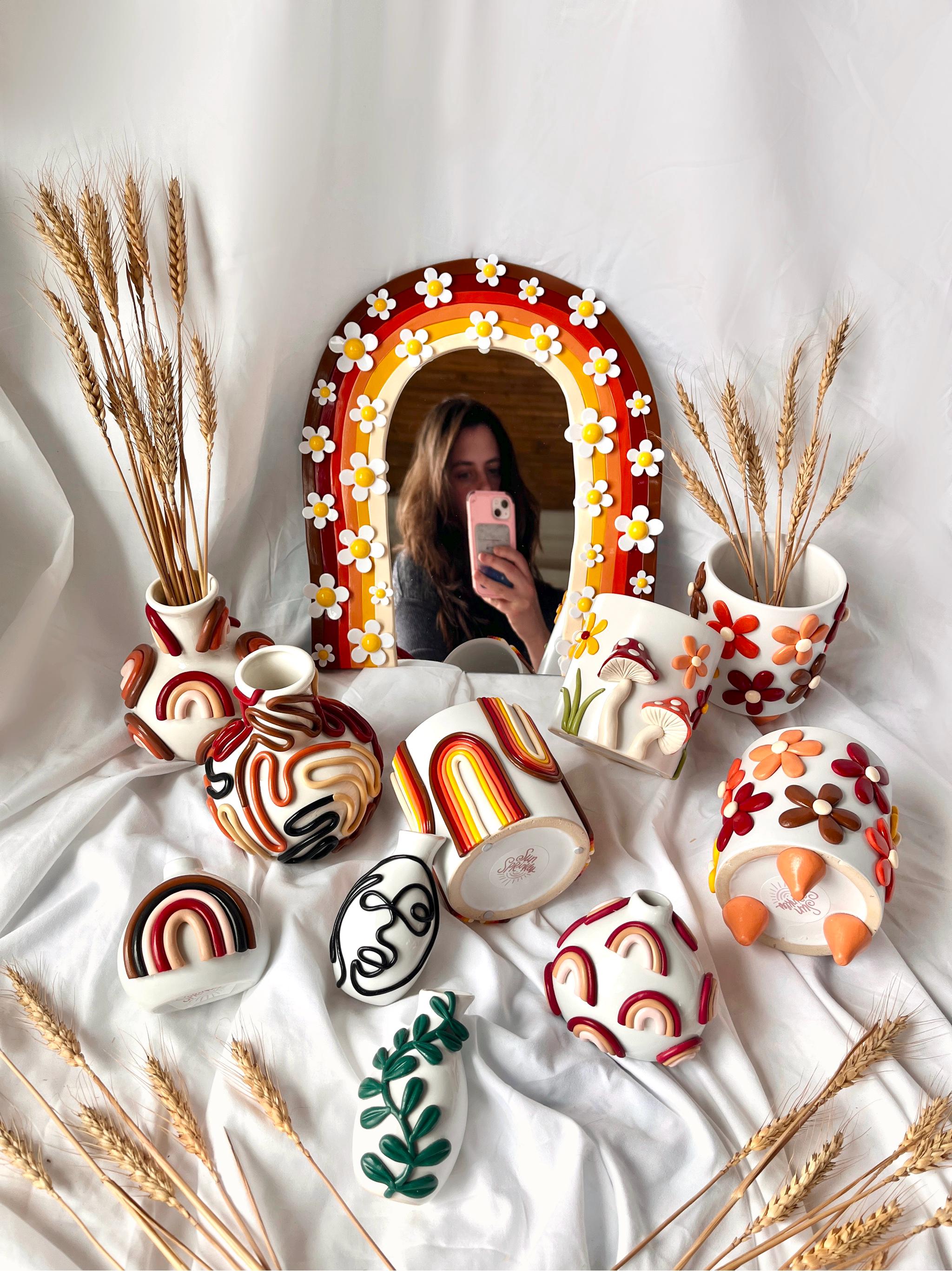 Handmade 70s Rainbow Daisy Mirror: Retro Clay Wall Decor - Etsy