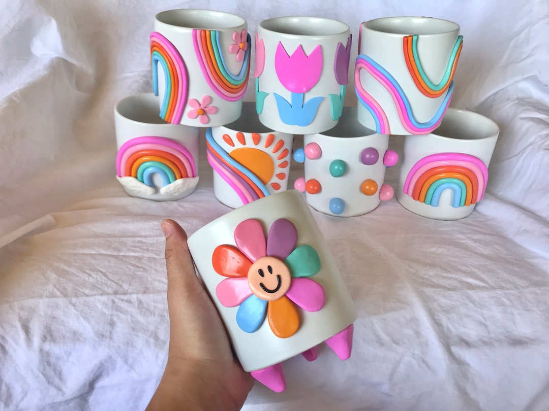 Retro Eclectic Colorful Planters/ Cute Ceramic Planter/ Rainbow Pot ...