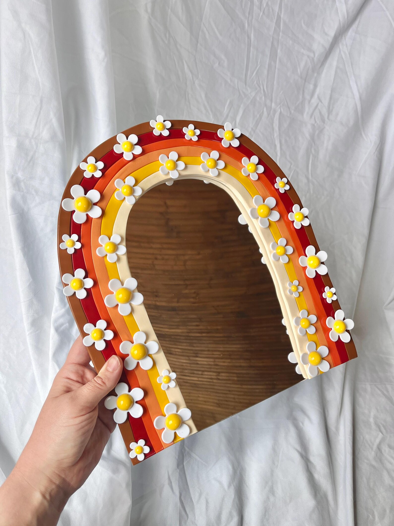 Handmade 70s Rainbow Daisy Mirror: Retro Clay Wall Decor - Etsy