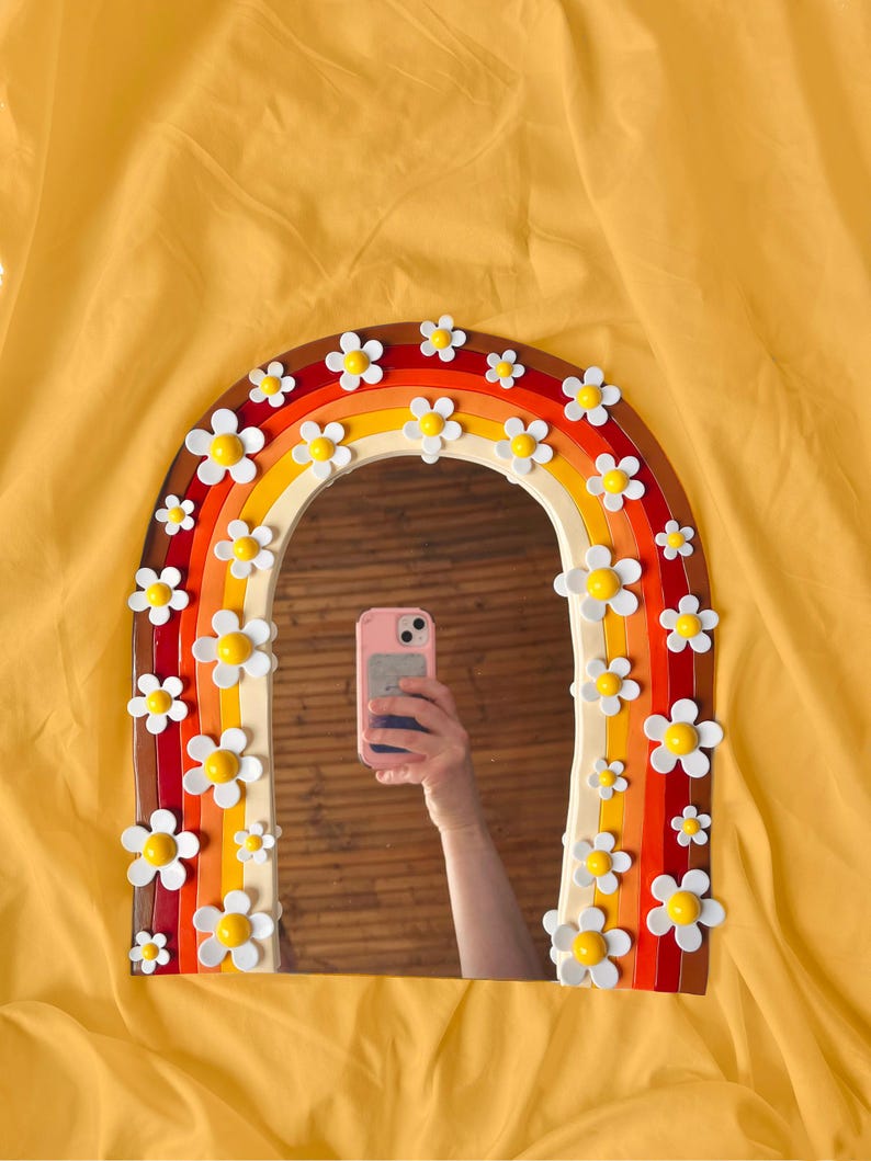 Handmade 70s Rainbow Daisy Mirror: Retro Clay Wall Decor - Etsy