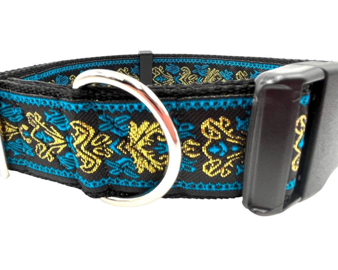 Raven | 1.5" Wide Turquoise & Gold Tapestry Dog Collar, Martingale or ...