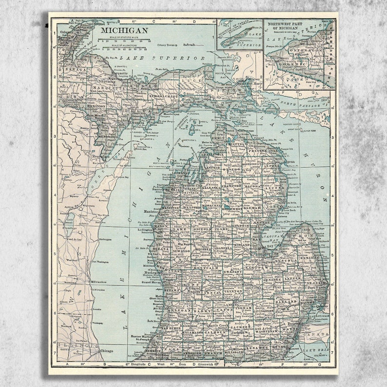 Vintage Antique Michigan Map Reproduction Print - Etsy