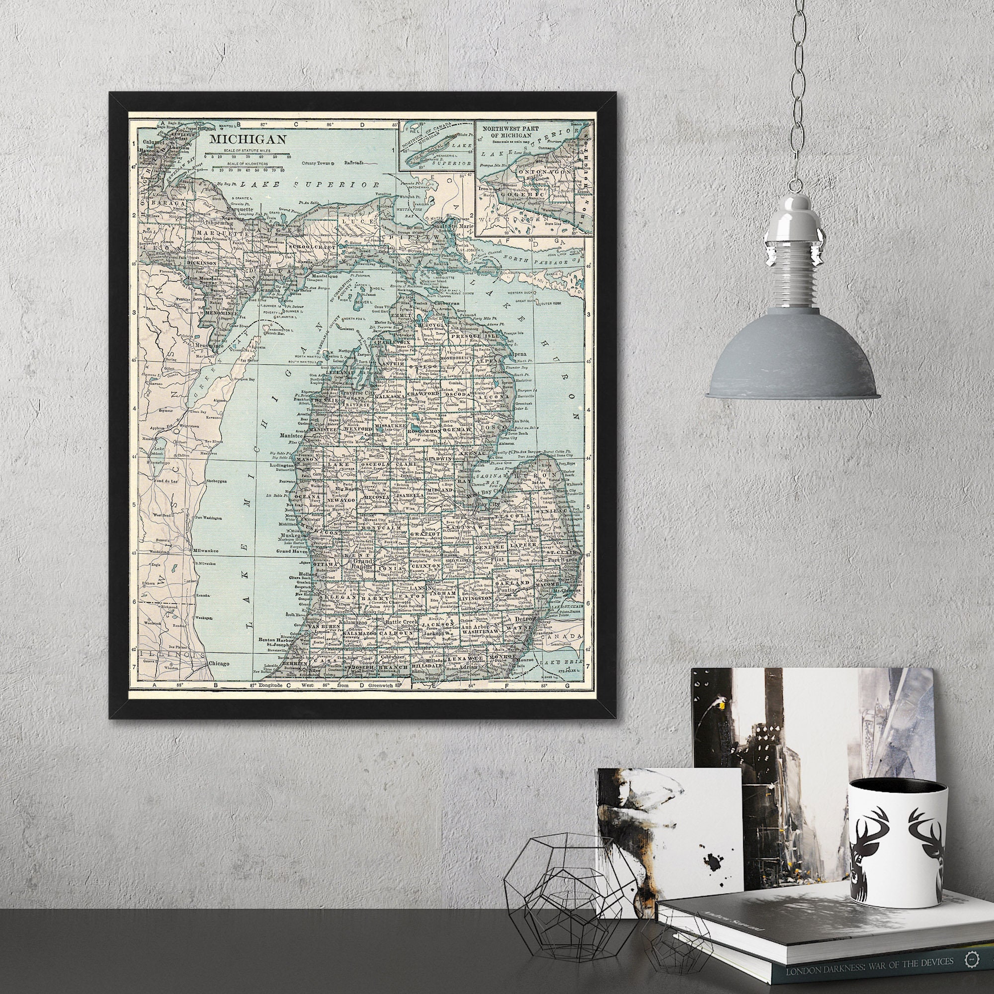 Vintage Antique Michigan Map Reproduction Print - Etsy