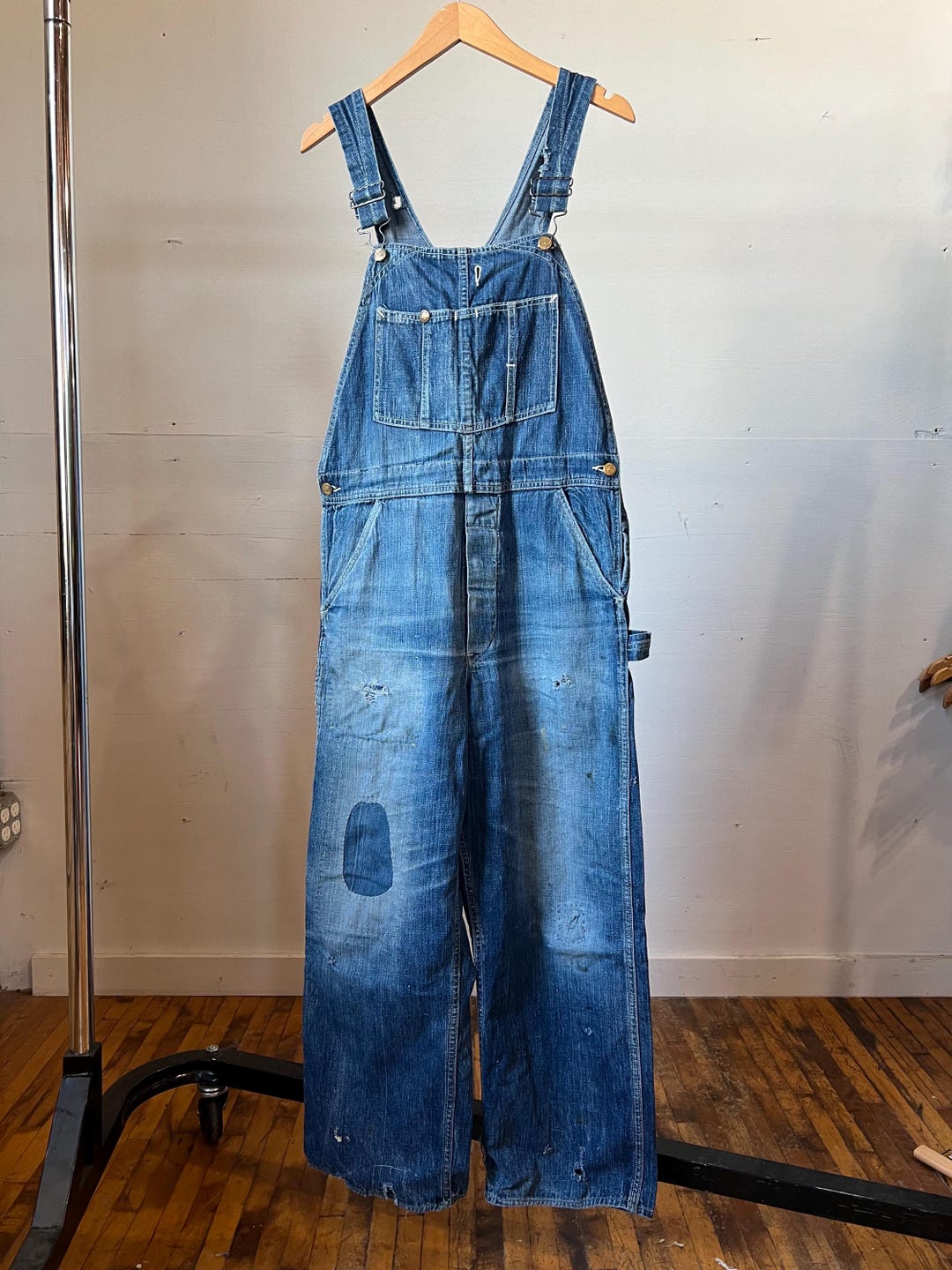 33" Waist, 1940s CROWN Denim Overalls, Workwear Patchwork, Sanforized ...