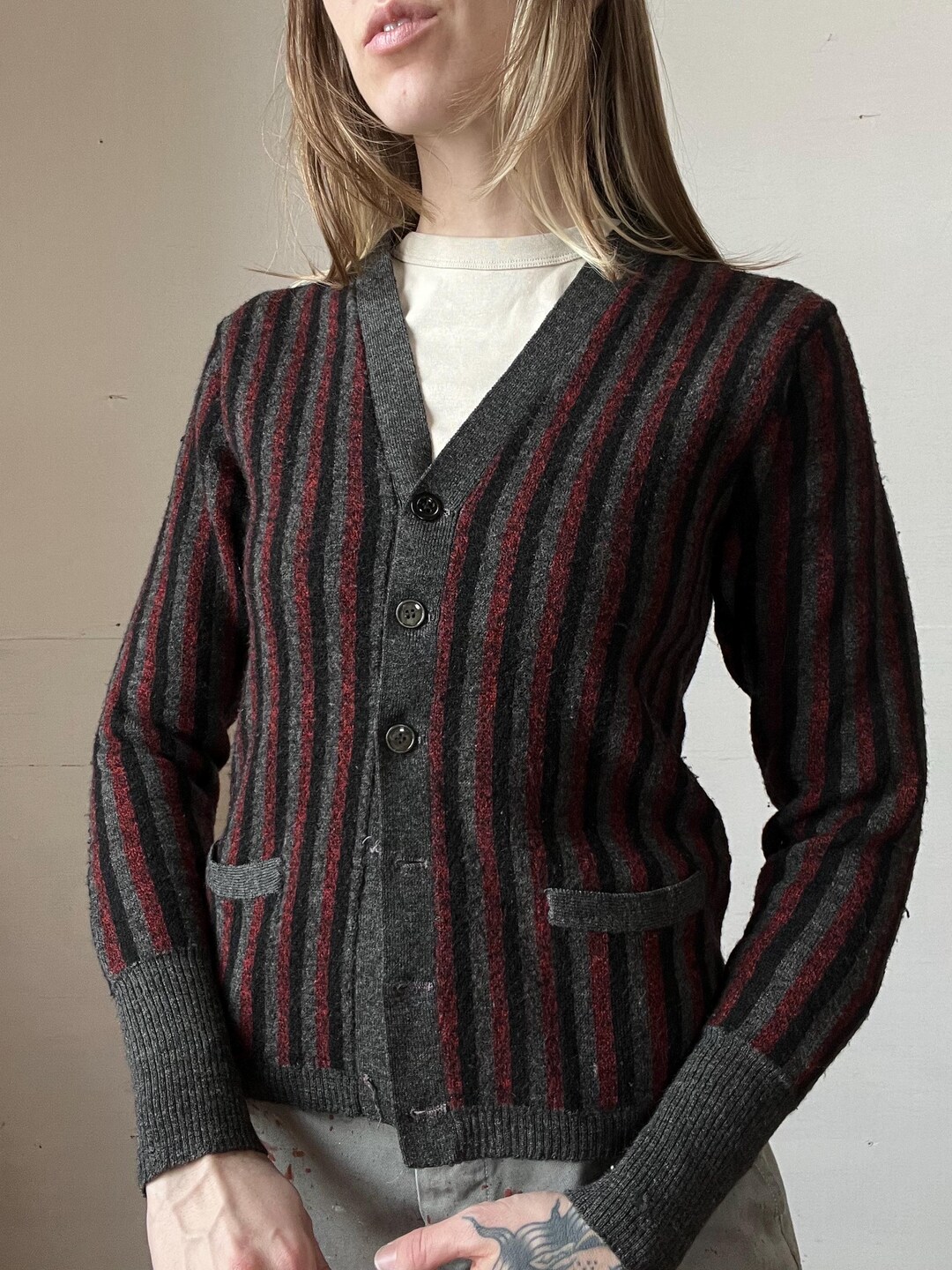 Vintage, 1940s Striped Wool Cardigan Sweater, Black Red, Knitwear, S - Etsy