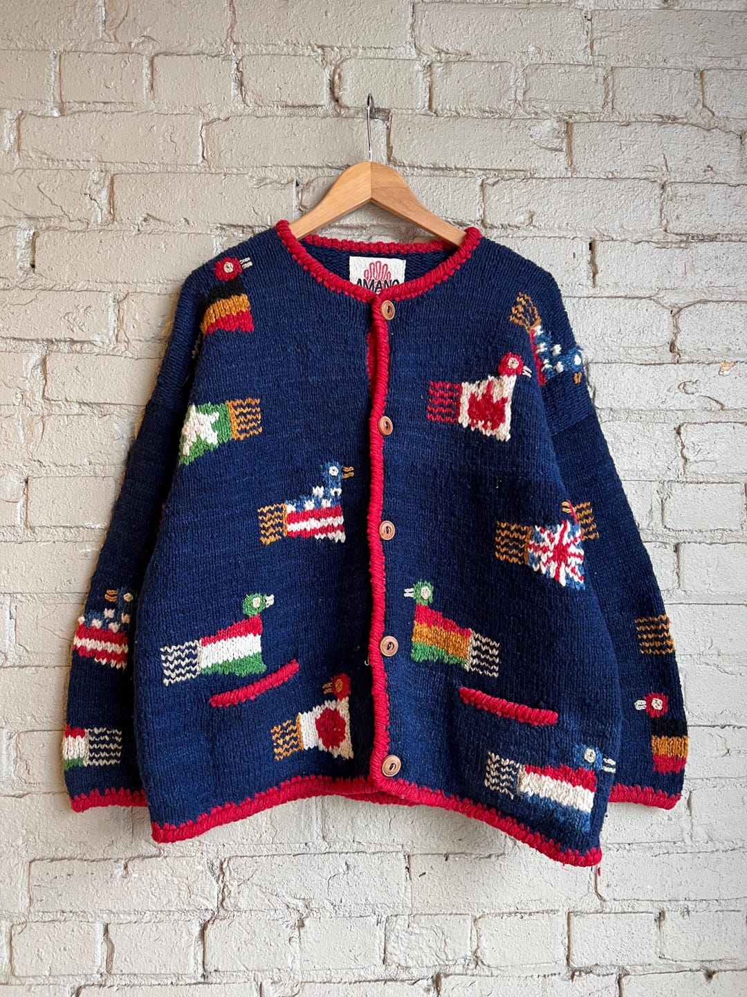 Vintage 1990s AMANO Duck Flag Cardigan Knit Sweater, Countries, Thick ...