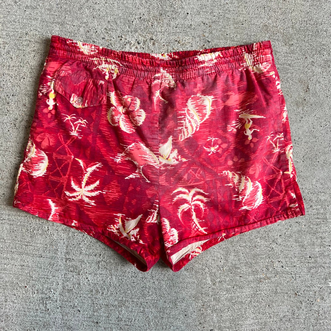 1950s Mens Novelty Print Swim Trunks, Summer, Red, Beachwear ...