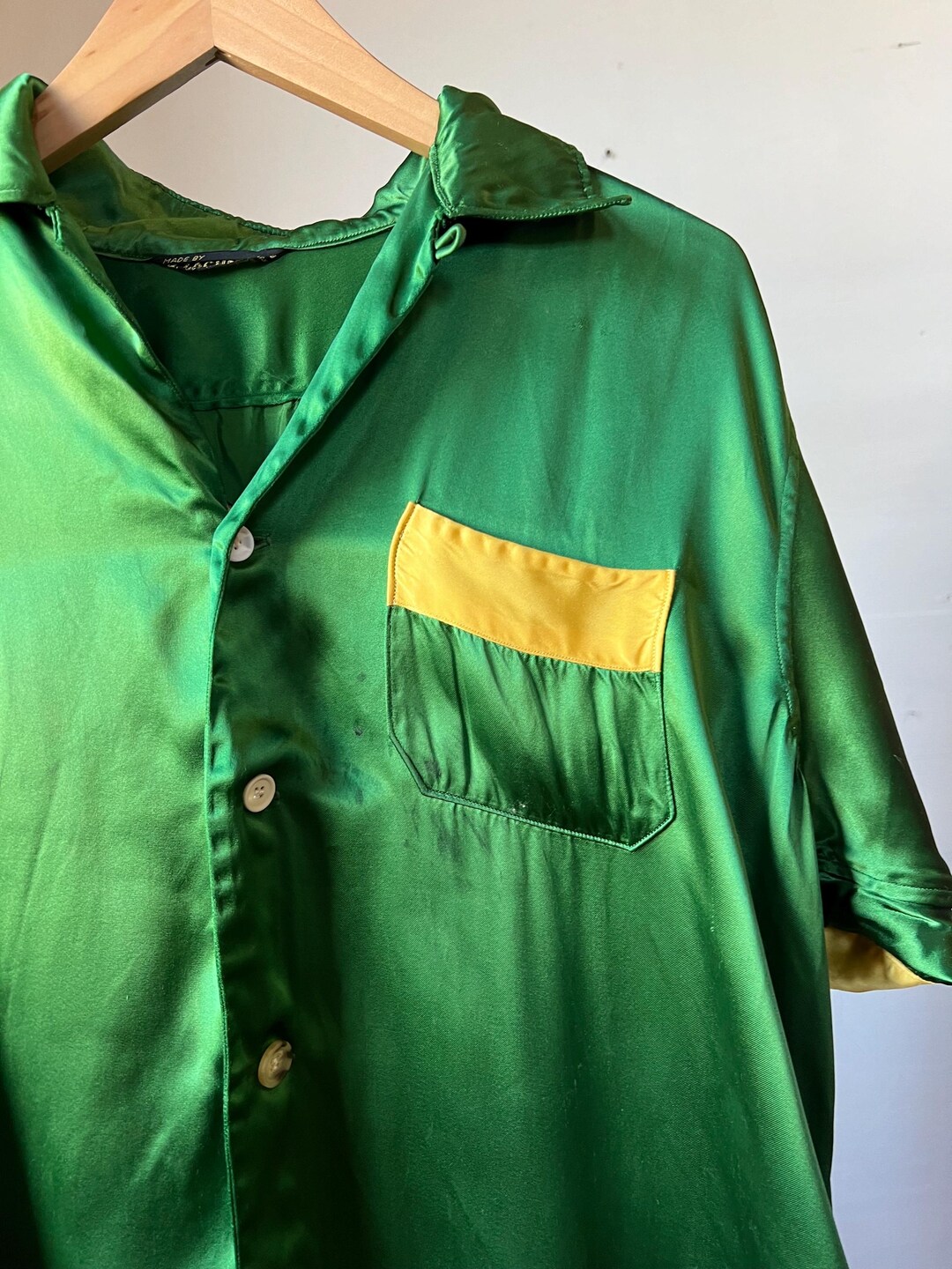 XL, Vintage 1950s Two Tone Green and Yellow Satin Loop Collar Shirt, as ...