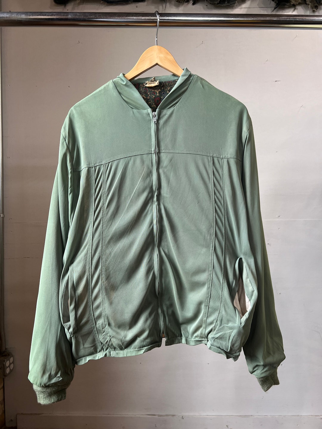 L XL, 1950s 1960s Mint Green Nylon Zip up Jacket, Lightweight - Etsy