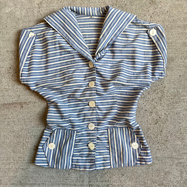 SM 1940s Striped Nautical Blouse Blue Vintage Womens - Etsy