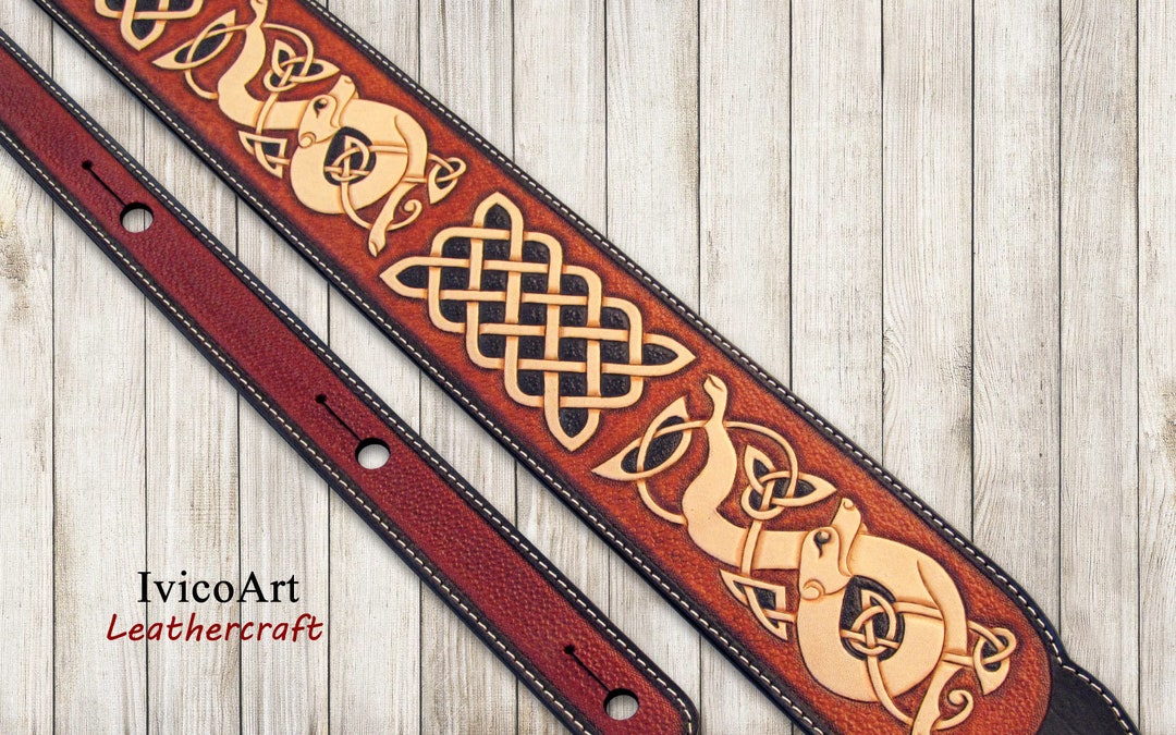 Celtic Leather Guitar Strap, Hand Tooled Guitar Strap, 3 Guitar Strap ...