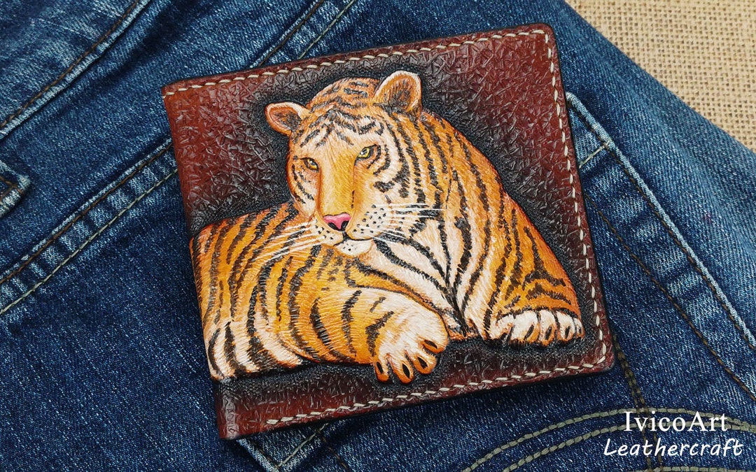 Hand Tooled Leather Wallet: Tiger Design, Bifold, Card Holder ...