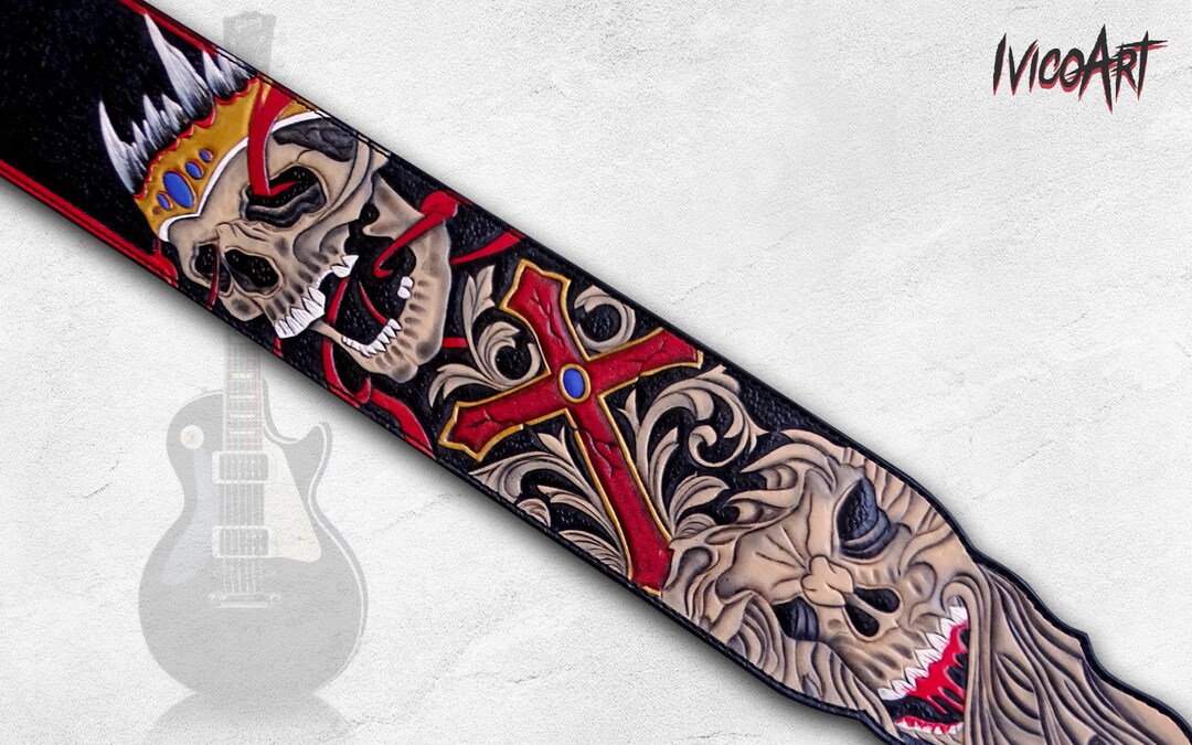 Hand Tooled Leather Guitar Strap Skull Guitar Strap 3 - Etsy