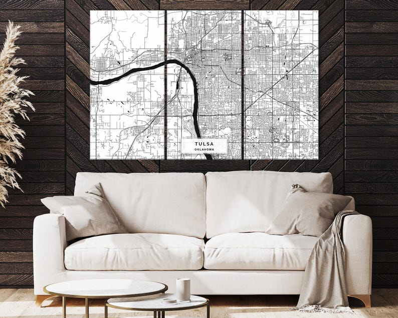 Map of Tulsa on Canvas – Triptych 3 Panels, Customizable Colors ...