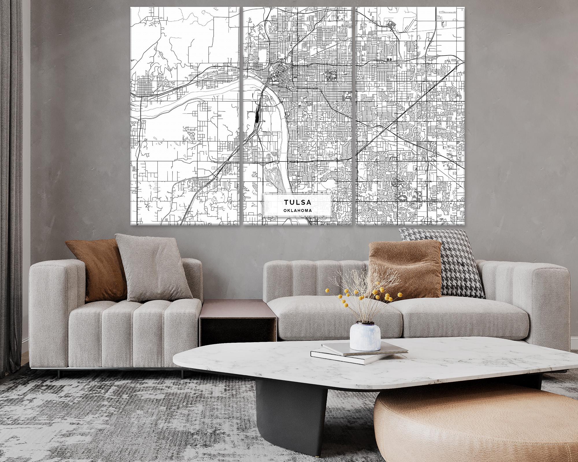 Map of Tulsa on Canvas – Triptych 3 Panels, Customizable Colors ...
