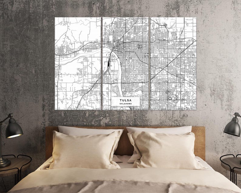 Map of Tulsa on Canvas – Triptych 3 Panels, Customizable Colors ...