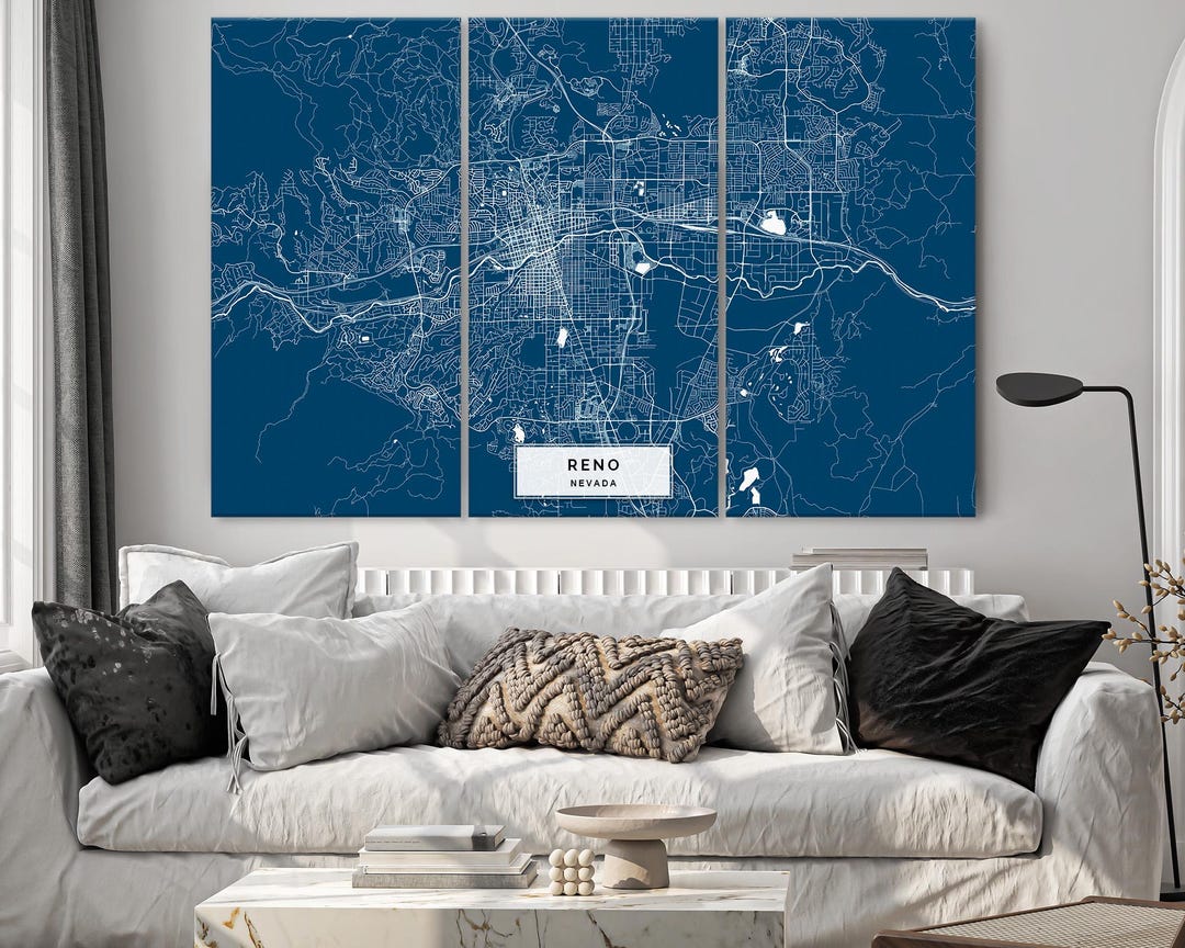 Map of Reno on Canvas – Triptych 3 Panels, Customizable Colors ...