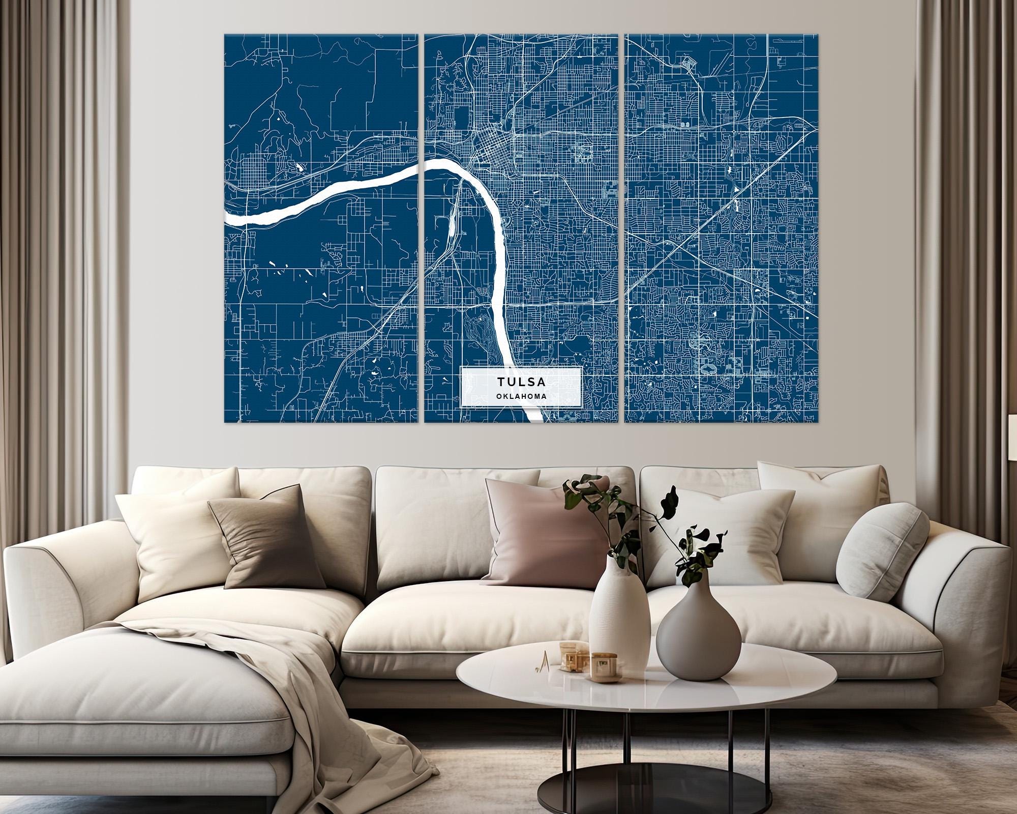 Map of Tulsa on Canvas – Triptych 3 Panels, Customizable Colors ...