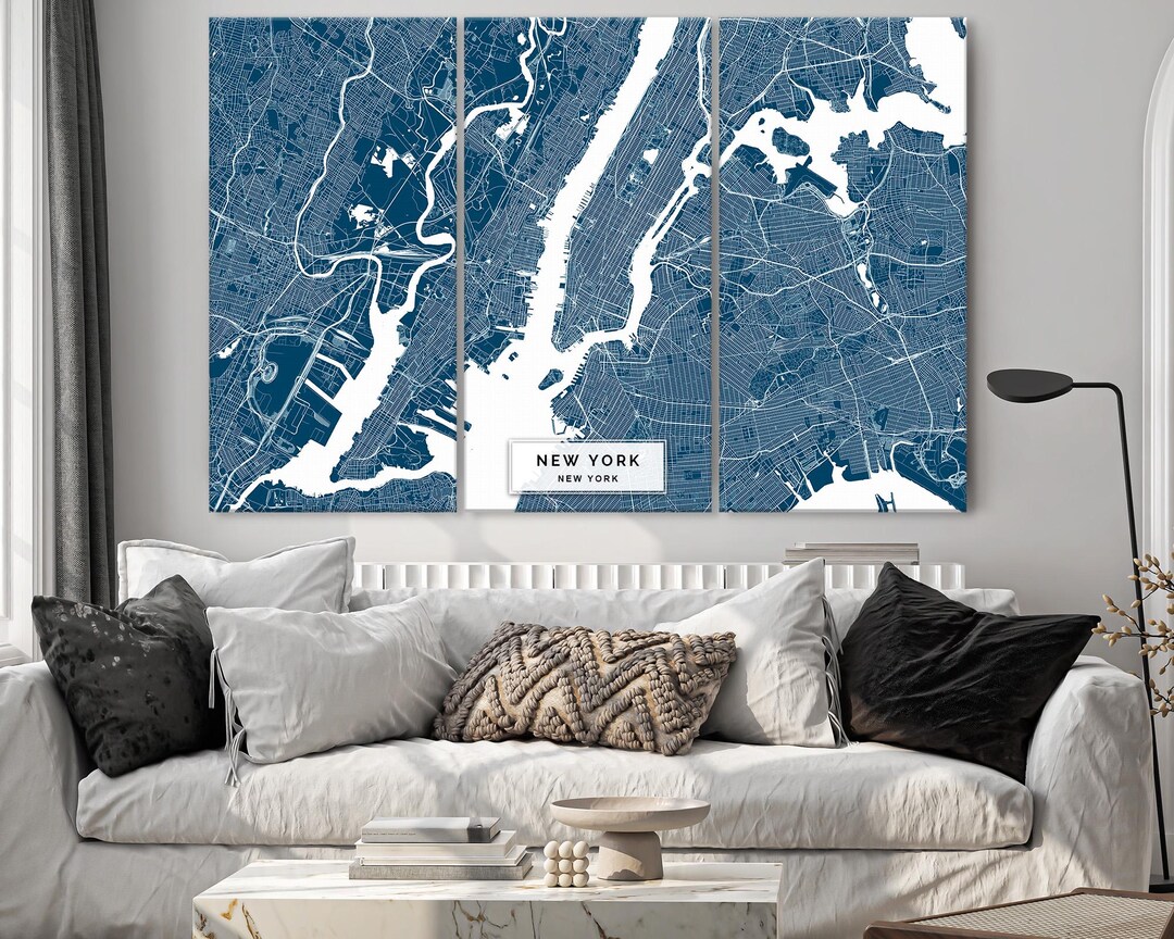 Map of New York on Canvas – Triptych 3 Panels, Customizable Colors ...