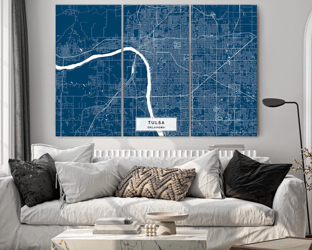 Map of Tulsa on Canvas Triptych 3 Panels, Customizable Colors ...