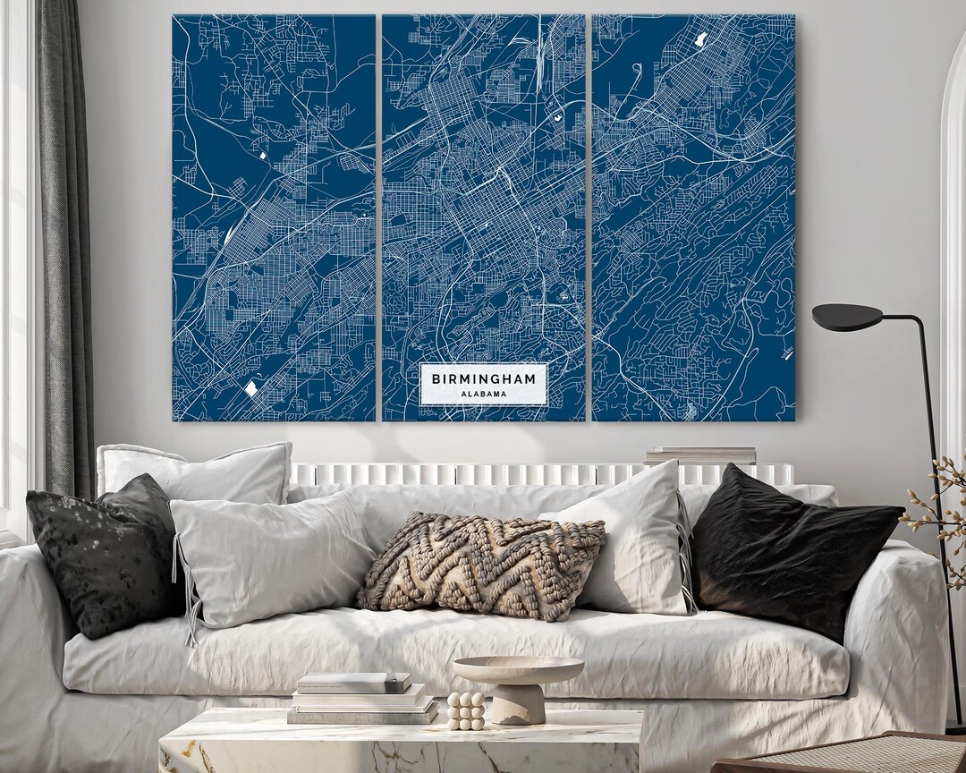 Map of Birmingham on Canvas – Triptych 3 Panels, Customizable Colors ...