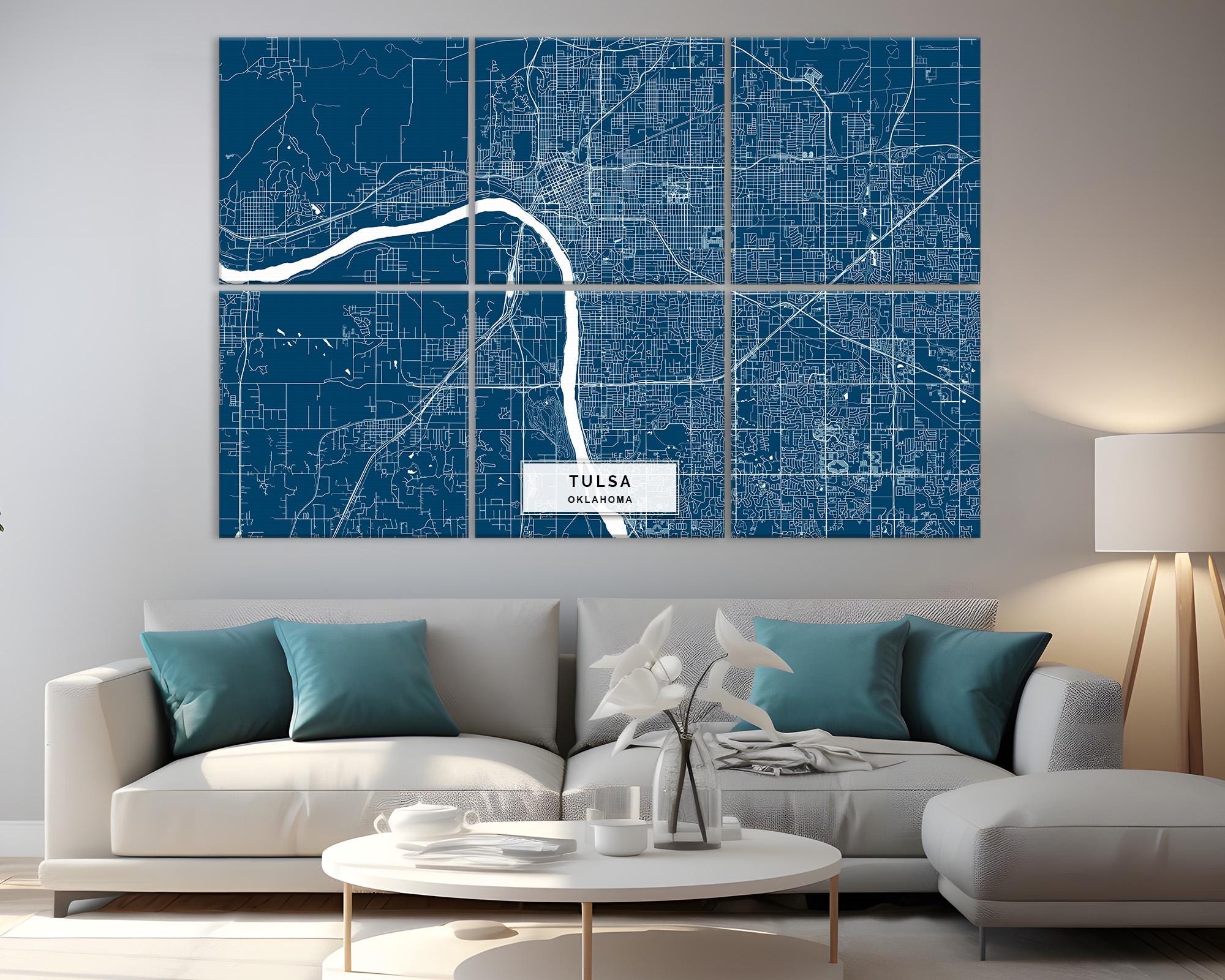 Map of Tulsa on Canvas – Triptych 3 Panels, Customizable Colors ...