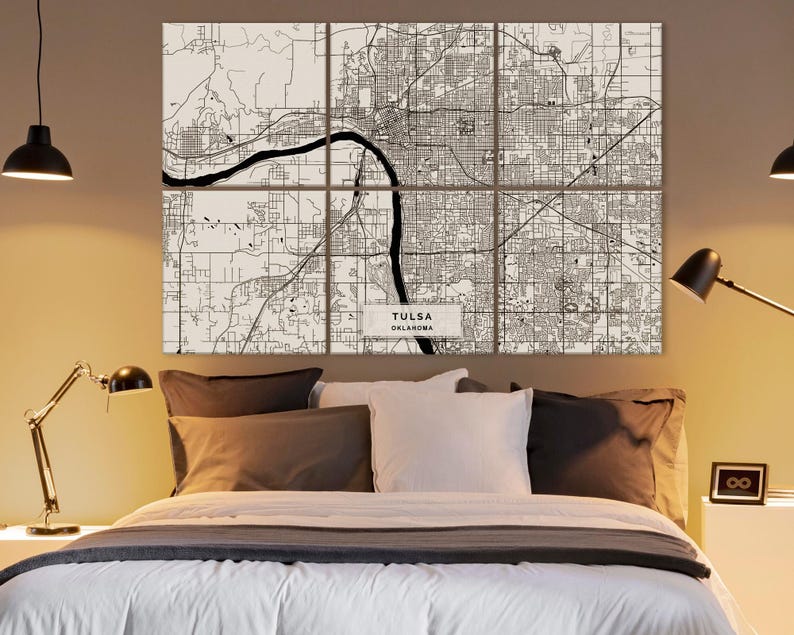 Map of Tulsa on Canvas – Triptych 3 Panels, Customizable Colors ...