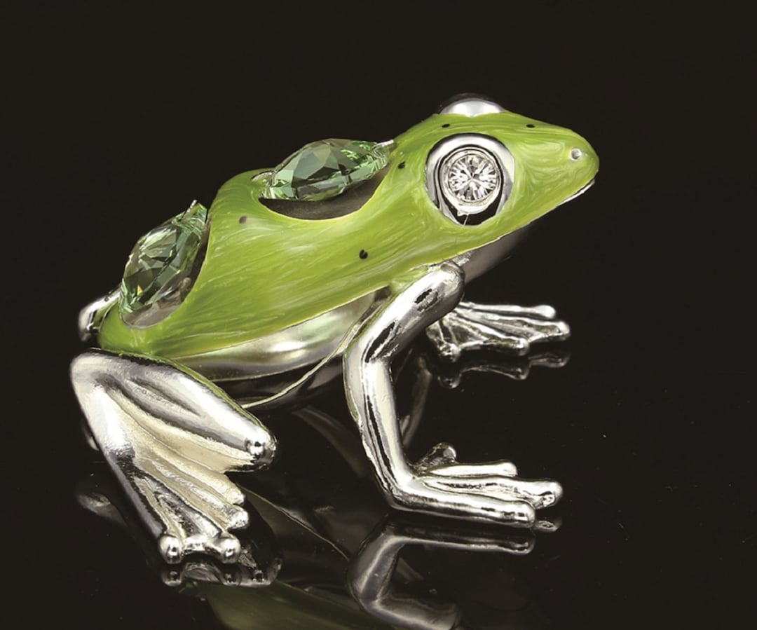 Hand Enameled Silver Plated Frog Pewter Decorated With Green Swarovski ...