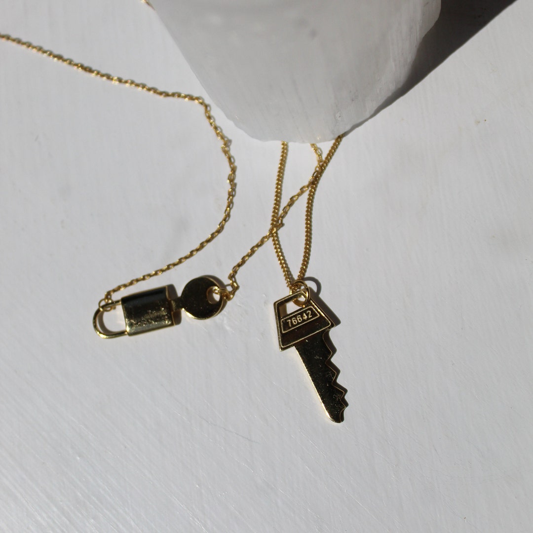 18K Gold Lock Key necklace, choker, chain necklace, drop necklace ...