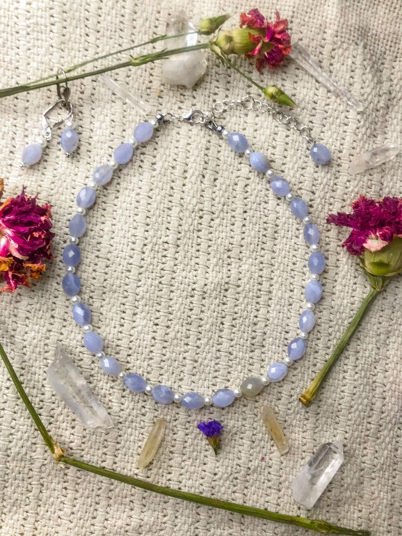 Marina Necklace Blue Lace Agate & Glass Pearls Handmade Crystal Jewelry ...