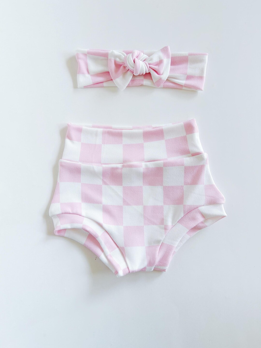 Pink and White Checkered Baby Girl Bunmies Shorties Set Hat Headband ...