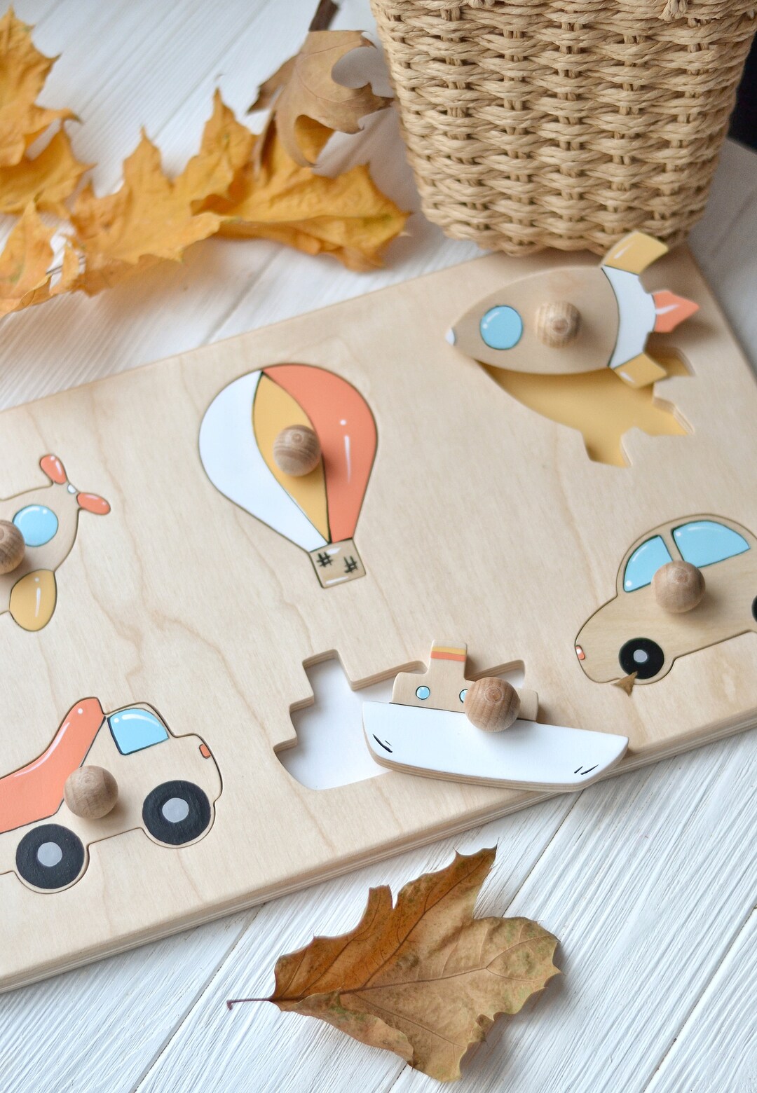 Hand Painted Transport Puzzle Montessori Shape Puzzle Transport Wooden ...