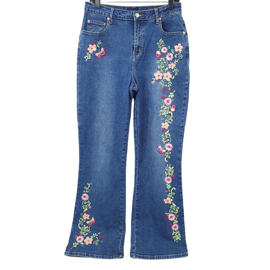 Embroidered Jeans Floral Butterfly 10 High Rise Waist Baccini Y2K Mod ...
