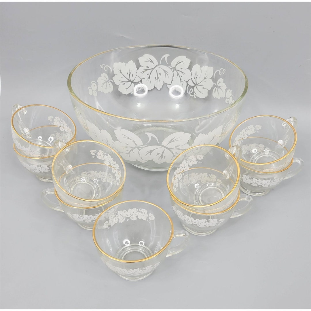 Vintage Small Punch Bowl Set With Cups Clear White Leaves Vine Gold ...