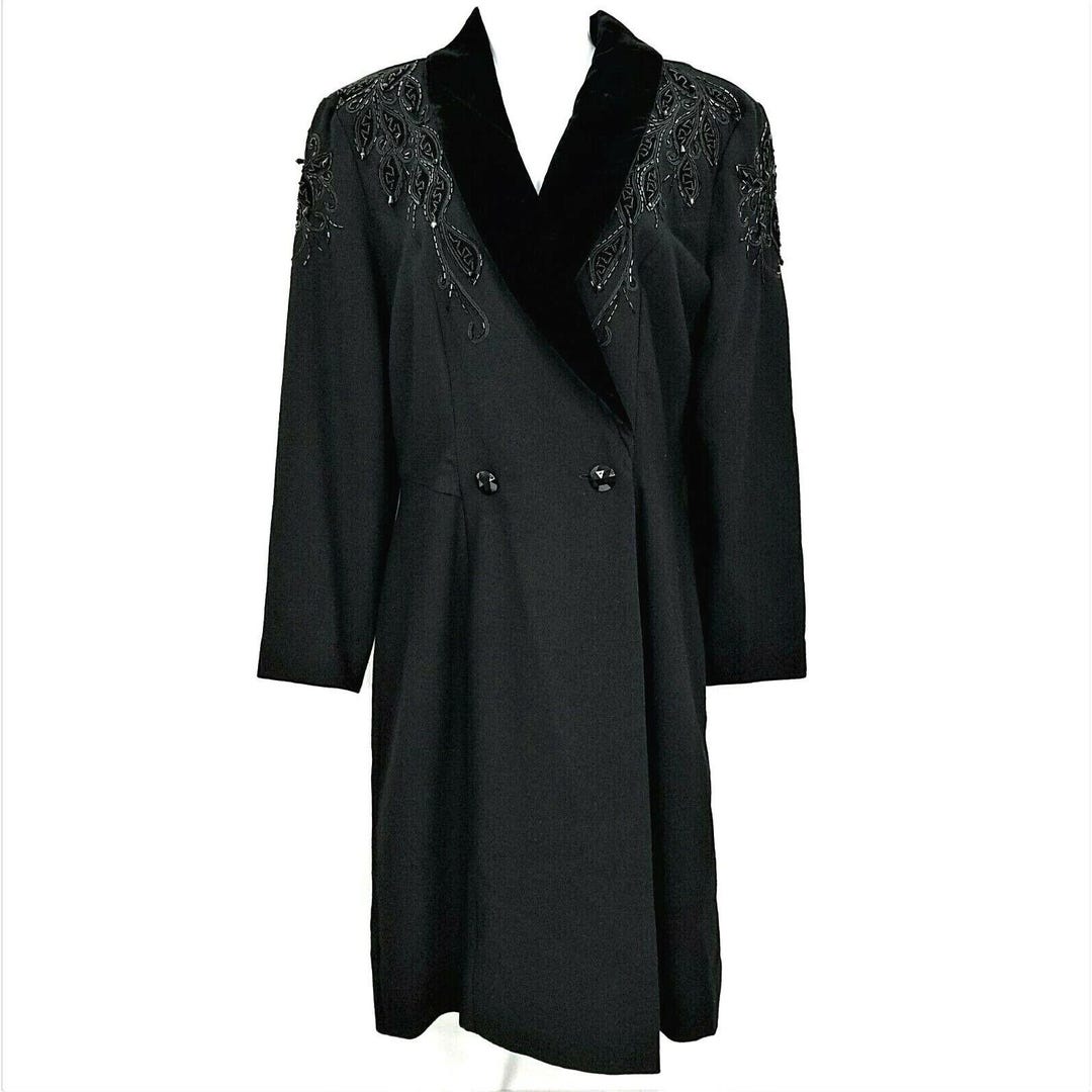 Nancy Johnson Vintage Black Wool Dress S M Velvet Collar Beaded ...