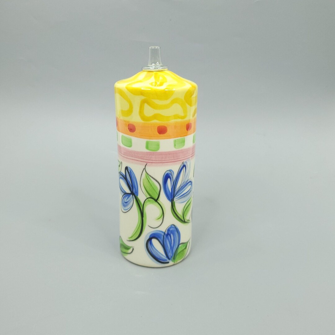 Vicki Carroll Pottery Ceramic Oil Lamp Vintage Yellow Blue White Floral ...