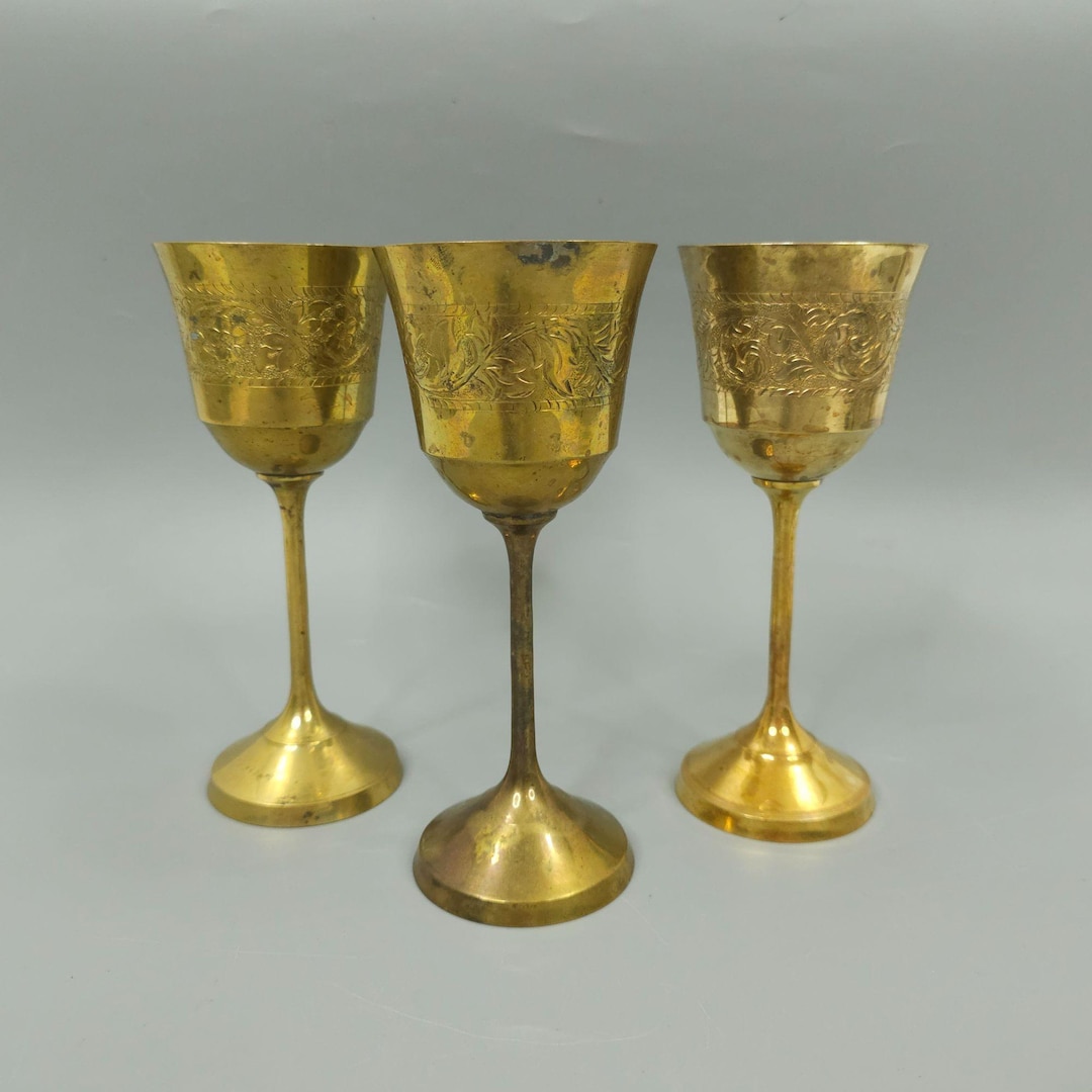 Vintage Wine Goblets Set Chalice 6 Oz Medieval Goth Brass Silver Plate ...