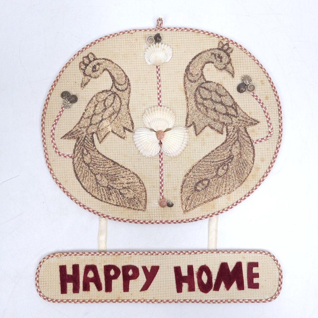 Vintage Happy Home Sign READ Peacocks Wall Hanging Sea Shells Kitsch ...