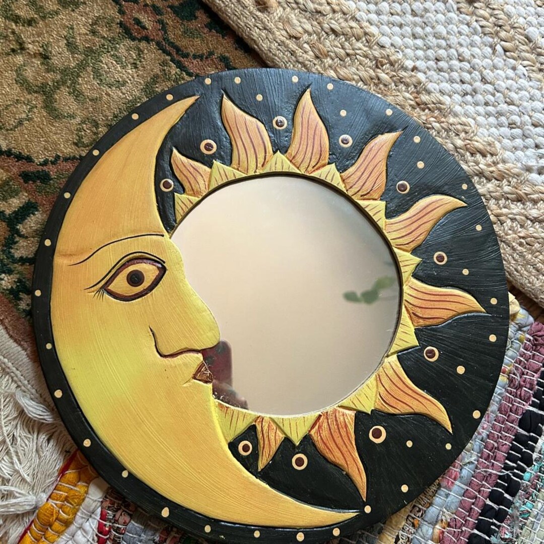 Vintage 90s Sun and Moon Wall Mirror - Black and Yellow 11.5" - Etsy