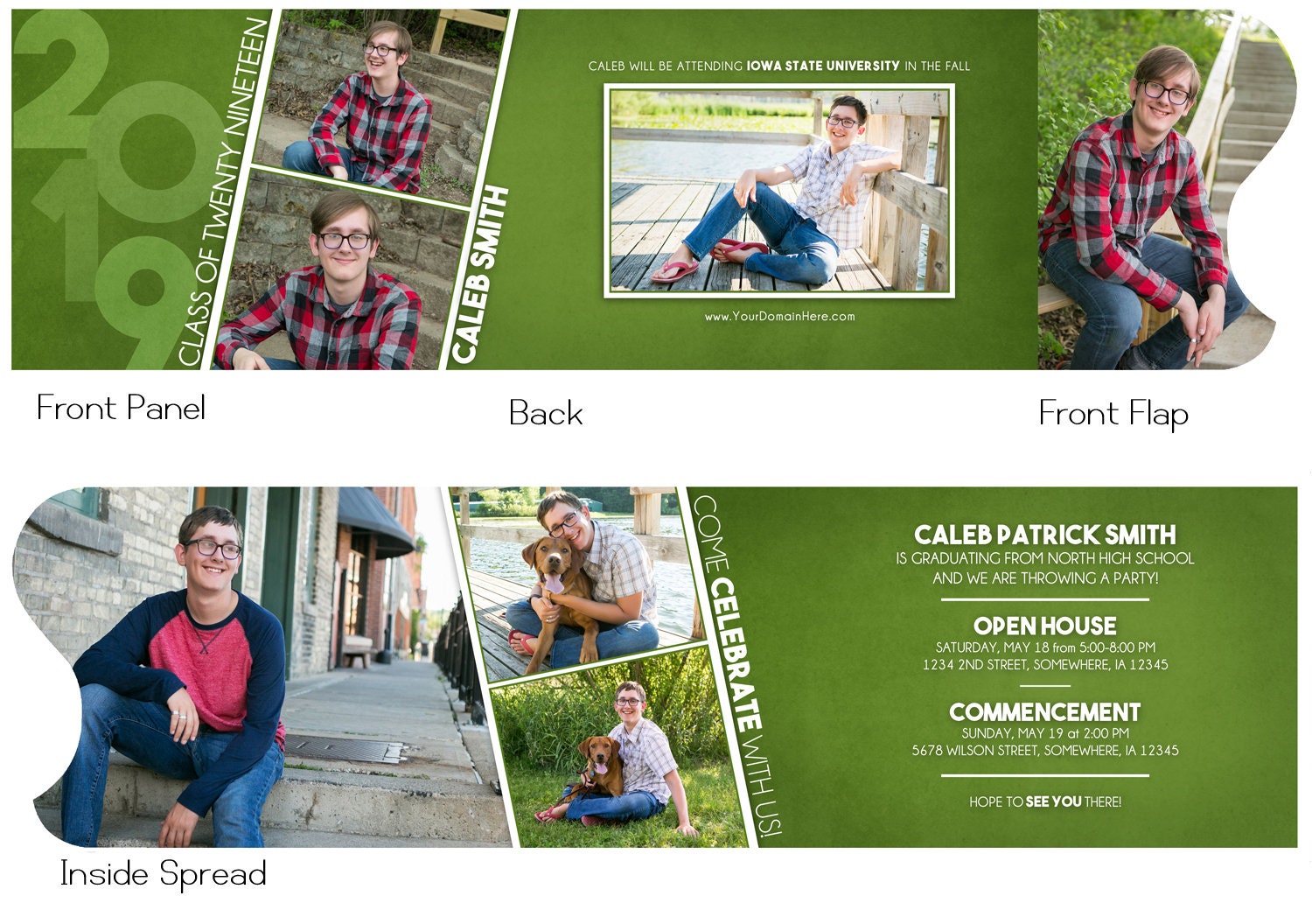 Caleb: Green 5x7 Trifold High School Senior Graduation Card Template ...