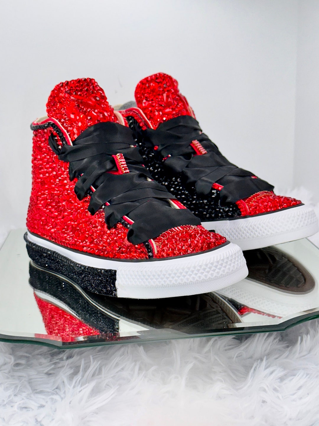 Reddish and Black Blinged High-top Converse W/black and Red Close Chain ...