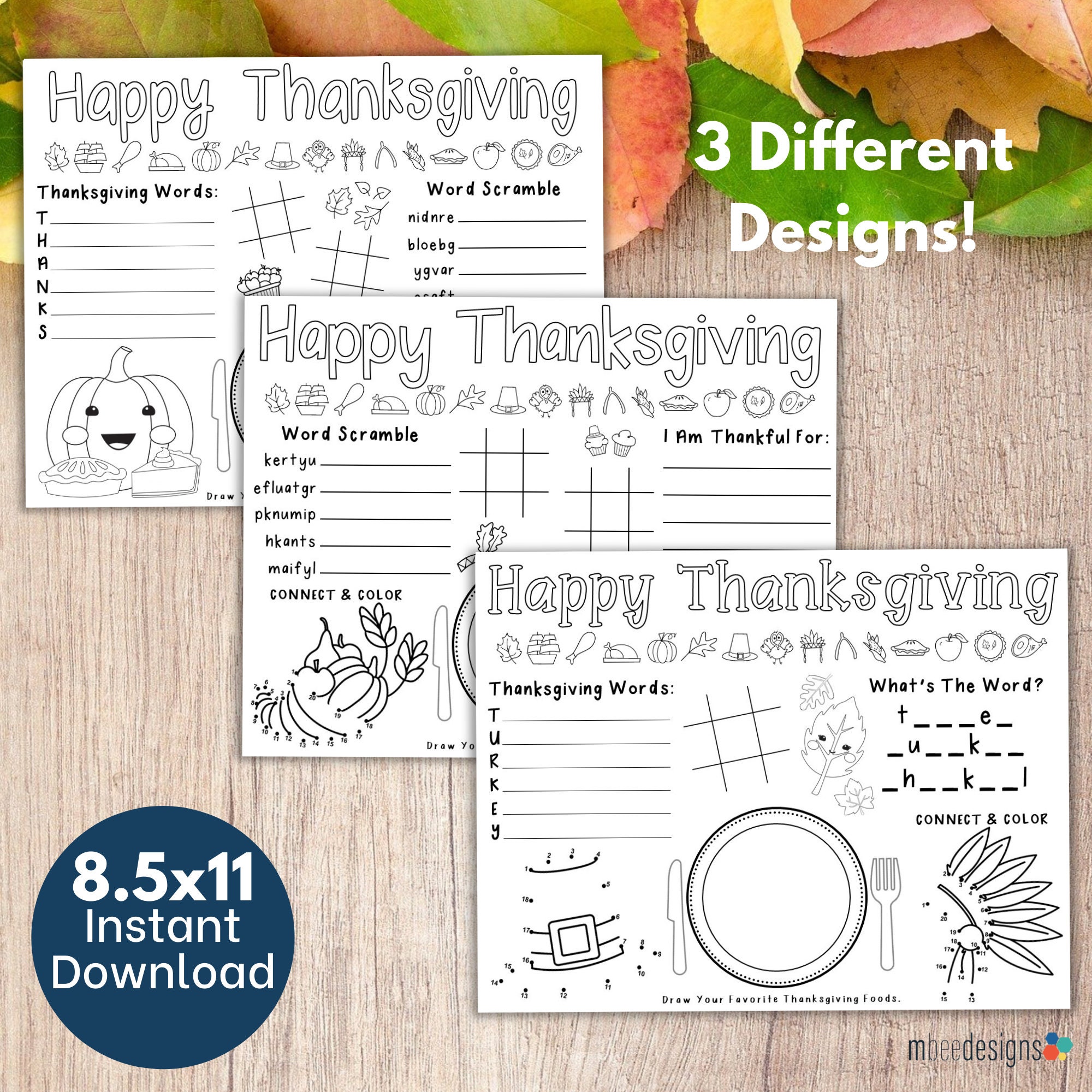 Thanksgiving Activity Placemats for Kids, Printable Games, Fall ...