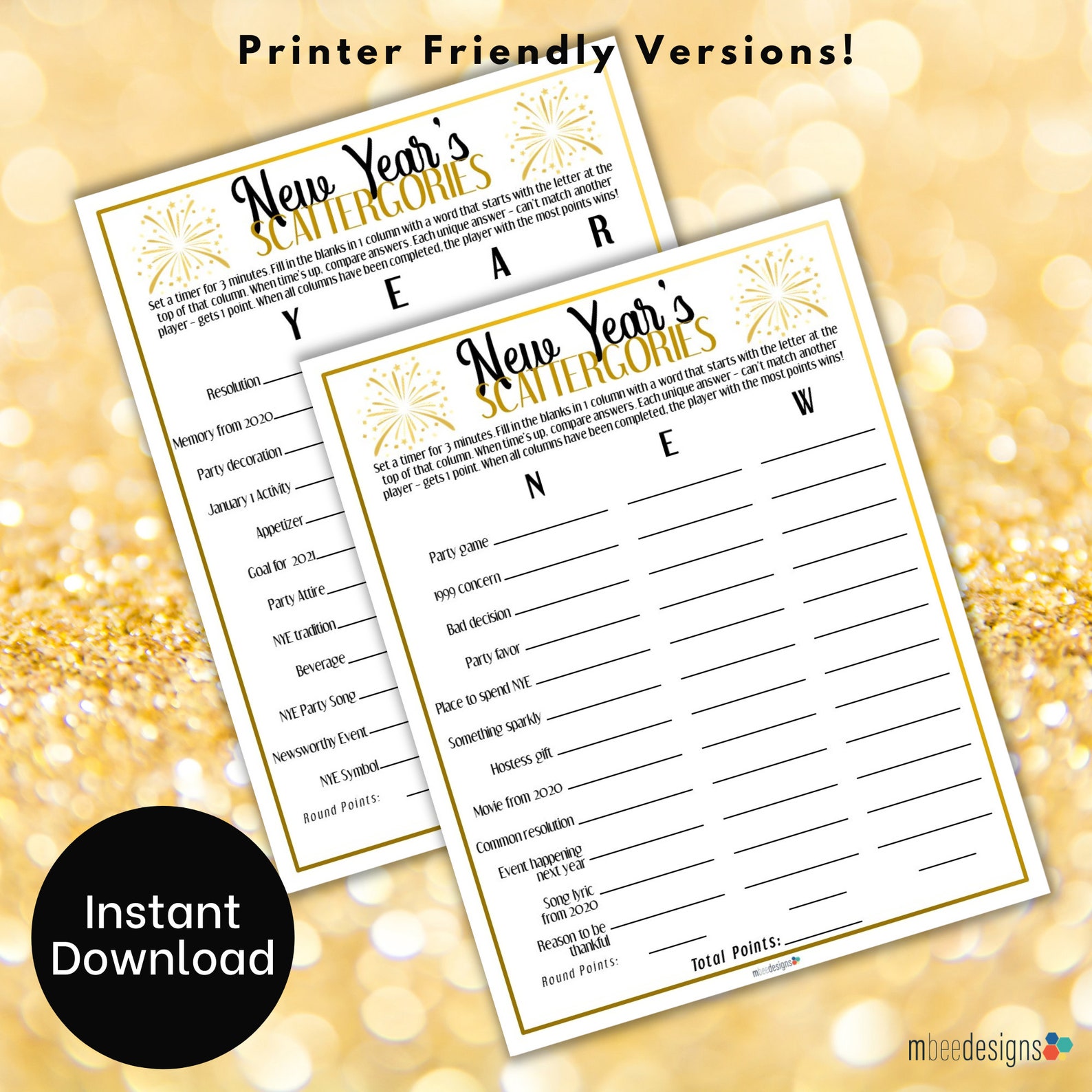 New Years Eve Scattergories Printable Party Game, Virtual Zoom Holiday ...