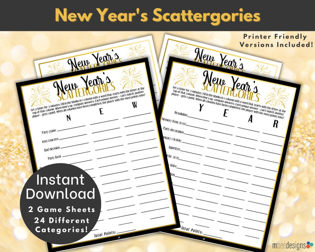 New Years Eve Scattergories Printable Party Game, Virtual Zoom Holiday ...
