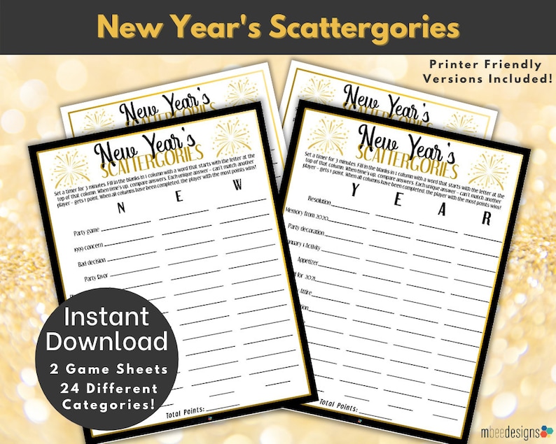 New Years Eve Scattergories Printable Party Game, Virtual Zoom Holiday ...