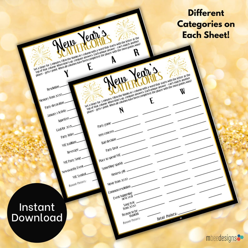 New Years Eve Scattergories Printable Party Game, Virtual Zoom Holiday ...