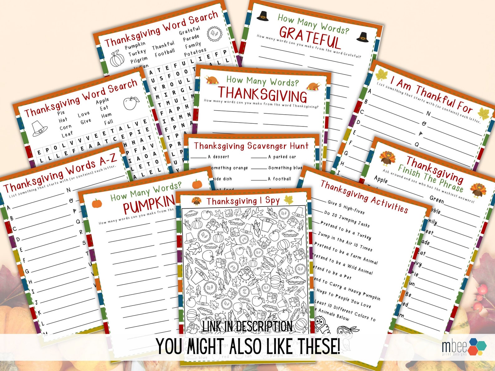 Thanksgiving Activity Placemats for Kids, Printable Games, Fall ...